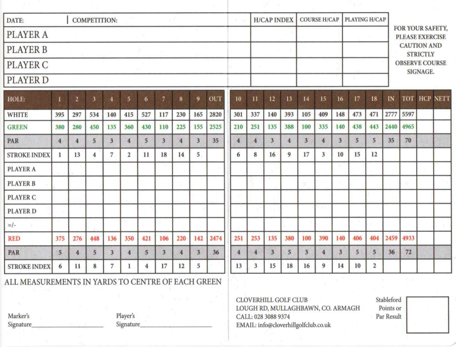 Scorecard - Cloverhill Golf Club